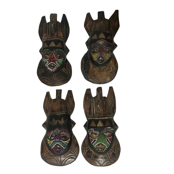 Nobrand | Accents | 4 Vintage African Tribal Wood Carved Mask Seed Bead ...